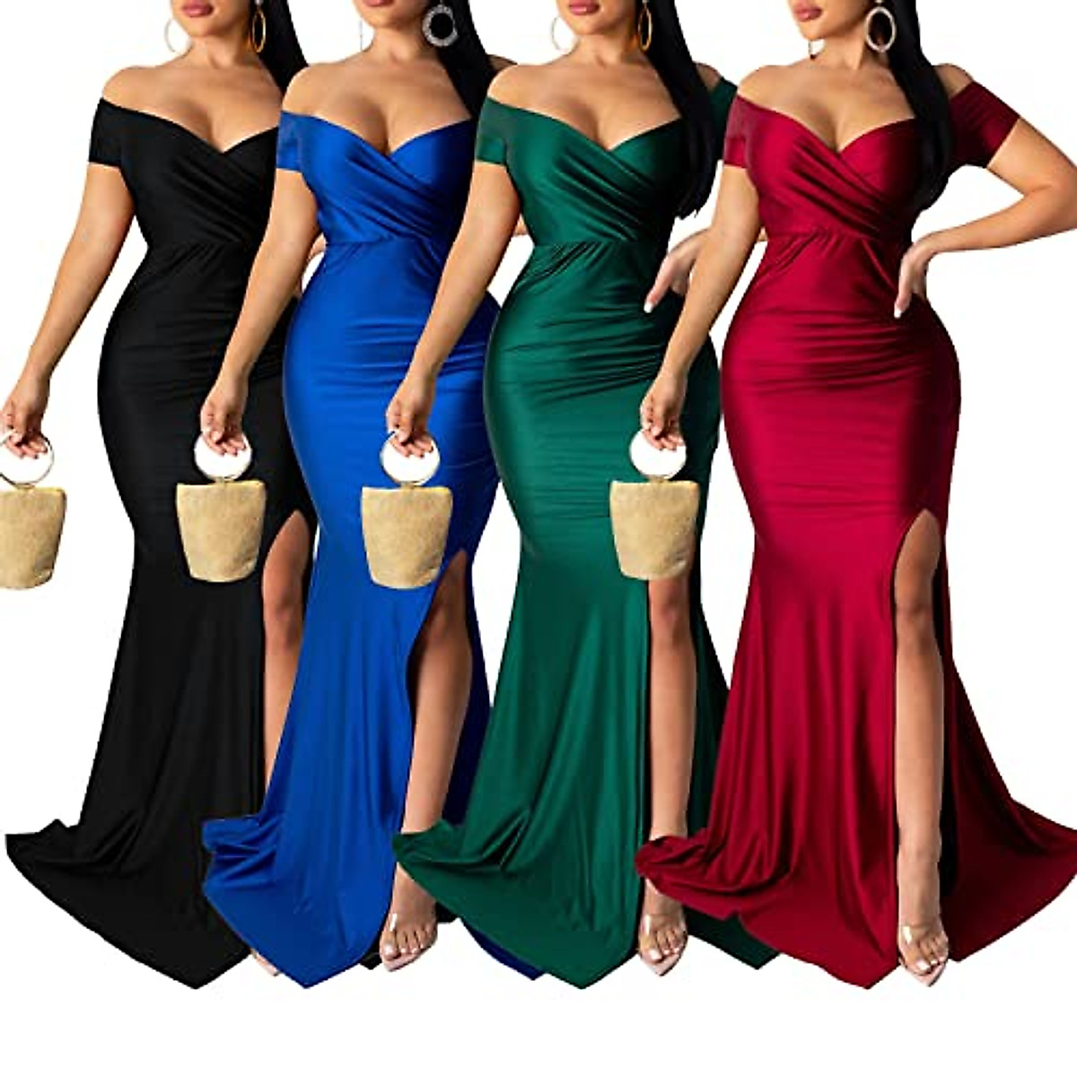 Uni Clau Women's Sexy Off Shoulder Dress High Split Short Sleeve Evening Long Bodycon Maxi Dress V Neck Cocktail Party Club Gown Black 2XL