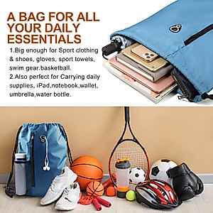 BeeGreen Blue Drawstrings Backpack Gym Sack For Men With Water Bottle Pocket &Front Zippered Pocket Large Sting Bags For WomenTraveling Yoga Beach Outdoor Gym