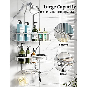 YASONIC Shower Caddy Over Shower Head Never Rust Aluminum Large Hanging Shower Caddy with 10 Hooks for Razor/Sponge - Over The Shower Head Caddy with Soap Basket - Hanging Shower Organizer Silver