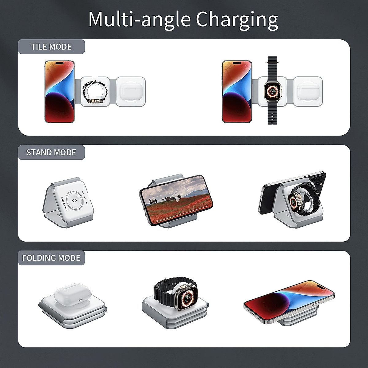 𝟏𝟓𝐖 for Magnetic Multple Devices,UCOMX Nano Pro 3-in-1 Wireless Charging Station,Top Speed Wireless Charger for Multple Device with 30W Adapter,Compatible for iPhone 15/14/13/12,AirPods,iWatch