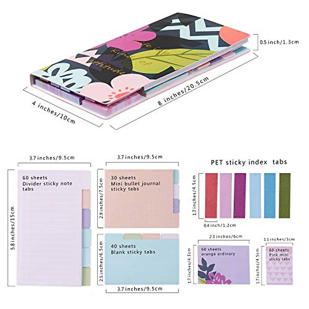 Floral Sticky Notes Set, Office Supplies for Women, Cute School Supplies, Colored Divider Self-Stick Notes Pads Bundle, Large and Small Sticky Notes Set Colored Divider Sticky Notes, Flower Theme Desi