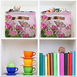 ALAZA Pink Rose Floral Butterfly Foldable Storage Box Storage Basket Organizer Bins with Handles for Shelf Closet Living Room Bedroom Home Office 1 Pack