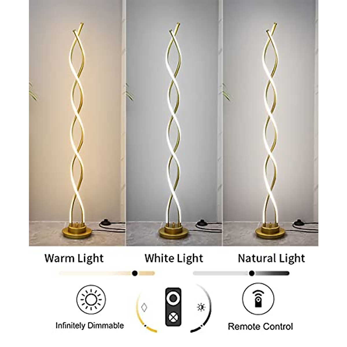 Aanyhoh LED Spiral Floor Lamp with Remote Control 30W Dimmable Modern Metal Twist Standing Pole Lamp 3 Color Temperatures Adjustable Corner Floor Lamp Tall Living Rooms, Bedroom and Offices