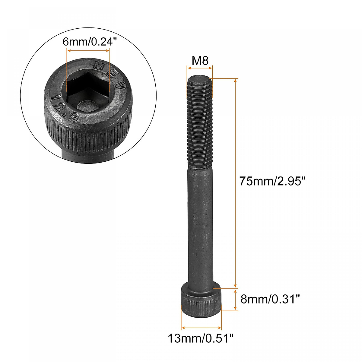 uxcell M8x75mm Socket Head Bolts 12.9 Grade Alloy Steel Cap Screws Half Thread 10pcs