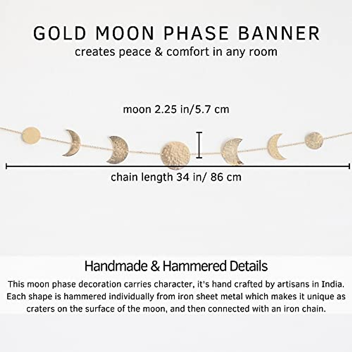 Moon Phase Wall Hanging [Handmade Hammered Gold Metal 7 Moons 34" Banner] Phases of the Moon, Celestial Lunar Decorative Wall Art, Bohemian Aesthetic, Christmas Boho Decor for Living Room Girl Gift