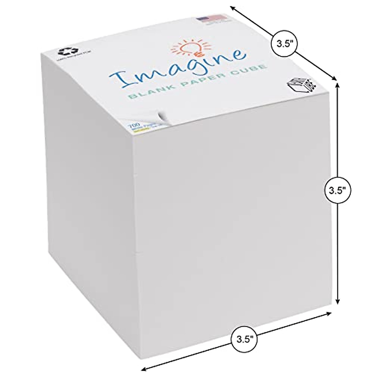 EARTHCUBE Blank White 3.5 Inch Note Cube (Not Sticky) Made in USA (Paper US or CAN) 100% Recycled 700 Tear-off Pages (Not Loose) 'Imagine'