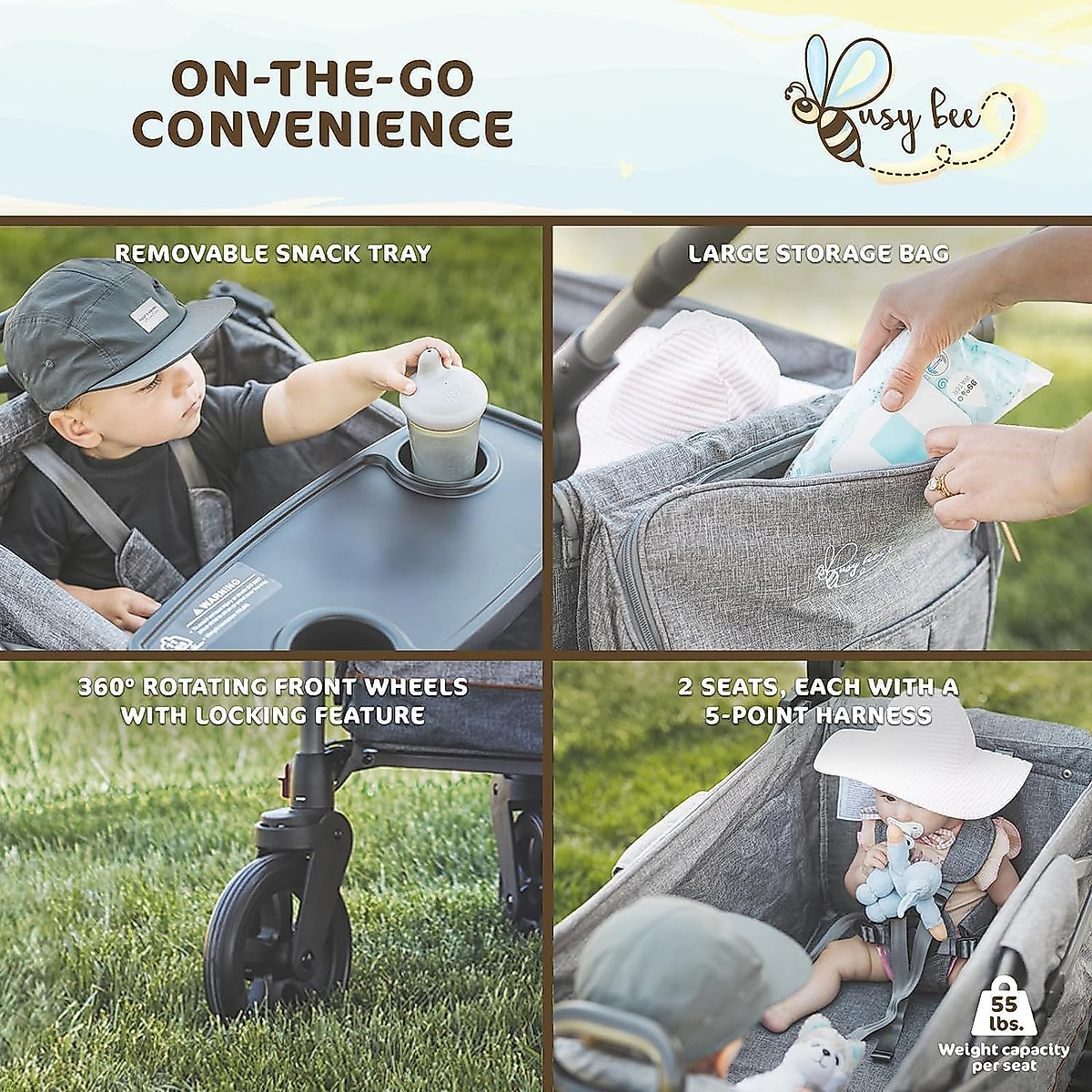 Busy Bee Foldable Wagon Stroller for 2 Kids, Push Pull Collapsible Kids Wagon with Adjustable Handle Bar, Removable Canopy, 5-Point Harness, Shock-Absorbing Wheels, Grey