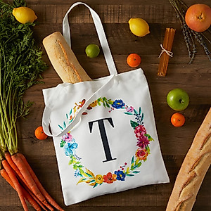 Okuna Outpost Set of 2 Reusable Monogram Letter T Personalized Canvas Tote Bags for Women, Floral Design (29 Inches)