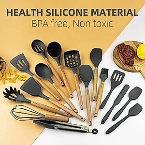LeMuna 18pcs Silicone Kitchen Utensils Set, Kitchen Cooking Utensils Set with Holder, Wooden Handle Silicone Utensils Set, Heat Resistant, BPA Free, Non Toxic, Gray