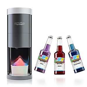 Hawaiian Shaved Ice Snow Cone and Shaved Ice Machine with Blade Adjustment Knob and 5 Reusable Plastic Ice Cups Bundled with 3 Flavor Quart Pack of Cherry, Grape, and Blue Raspberry