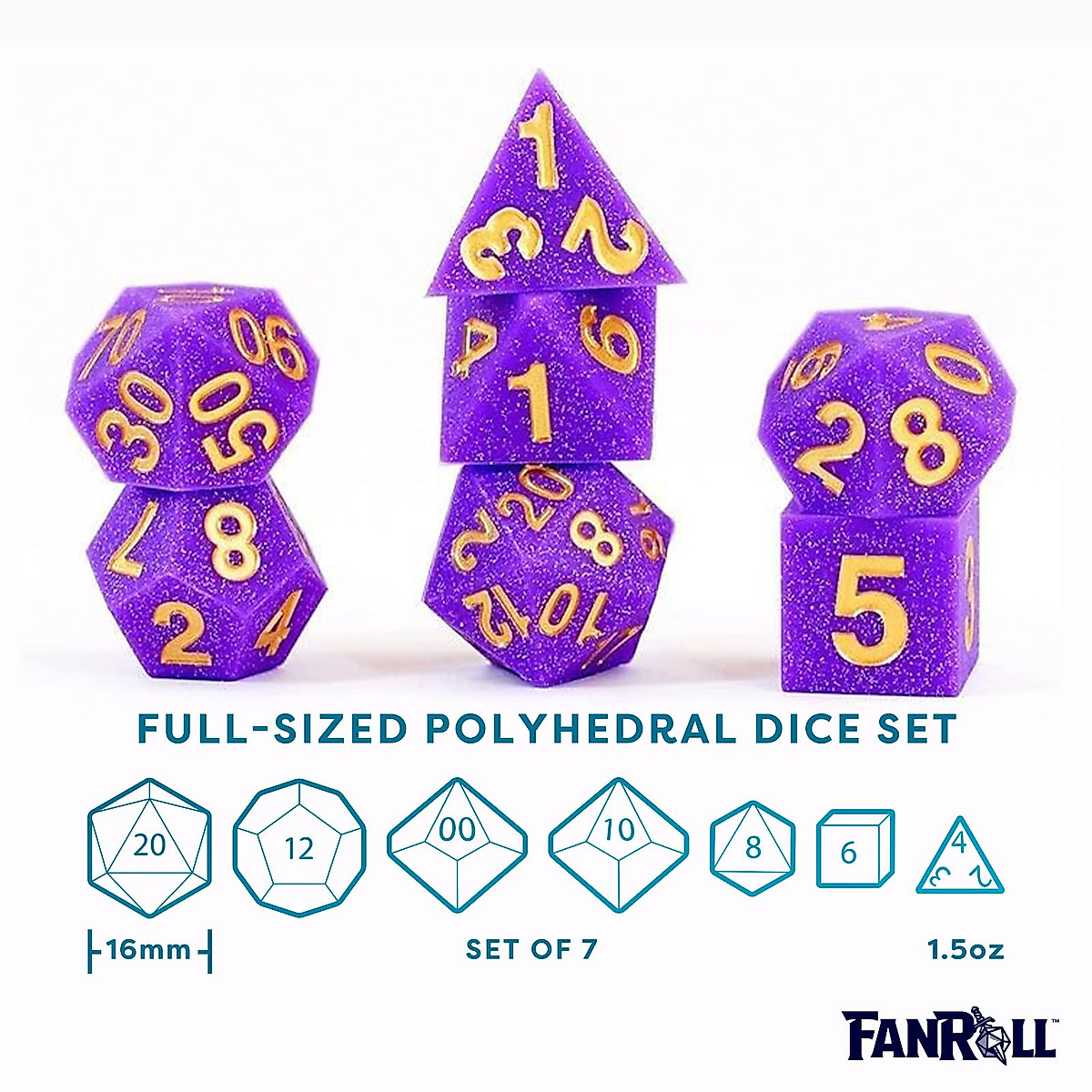 FanRoll 16mm Sharp Edge Silicone Rubber Poly DND Dice Set: Regal Ricochet, Role Playing Game Dice for Dungeons and Dragons