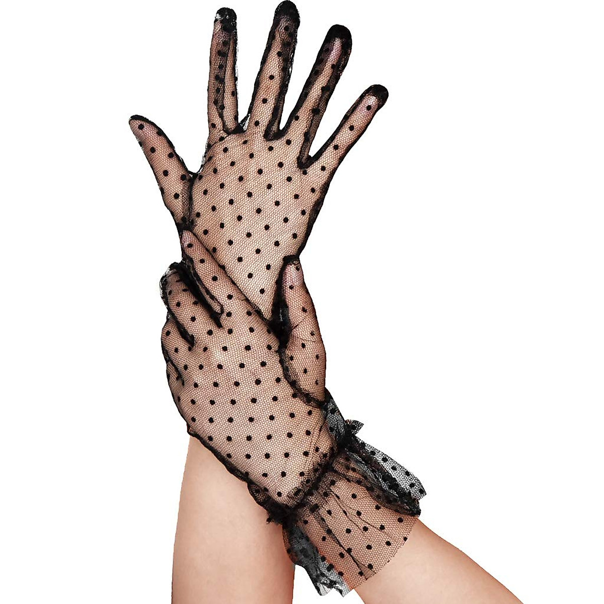 Lace Gloves Polka Dot Elegant Short Classic Costume Glove Courtesy Summer Gloves for Halloween Women Ladies Girls Parties Wedding Bride Etiquette Black