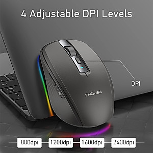 FMOUSE Rechargeable Wireless Mouse, Silent Mouse with RGB Lights, 2.4G Wireless & Bluetooth 5.1 Dual Mode 2400 DPI USB-C 700mAh Battery, Ergonomic Mouse for PC, Computer, Laptop, Desktop (Black)
