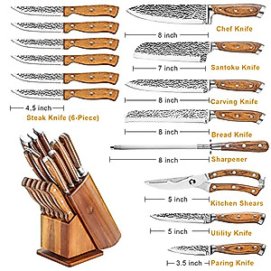 Knife Set, Karcu 15-Piece Hammer Kitchen Knife Block Sets with Sharpener German Steel, Rotating Acacia Block