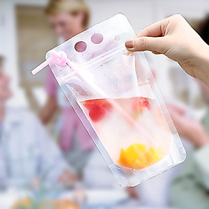 Enkrio 100Pcs Drink Pouches for Adults Clear Drink Pouches with Straws Juice Pouches for Adults Plastic Drink Bags Stand up Hand-held Zipper Smoothie Bags with 100 Straws & Silicone Funne