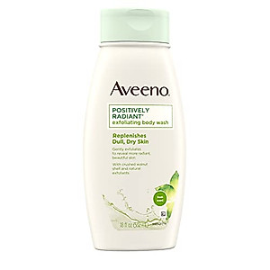 Aveeno Positively Radiant Exfoliating Body Wash with MoistureRich Soy Complex Crushed Walnut Shell for Dry, Dull Skin, SoapFree, DyeFree Hypoallergenic Formula 18 fl, 54 Fl Oz, (Pack of 3)