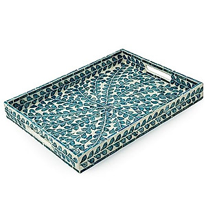 CLAYNIX Serving Tray 15.7" X11.8", Lacquer Mother of Pearl Inlay Mosaic Tray, Rectangle Wooden Marble Tray with Handles Trays for Tea, Breakfast in Bed, Table (Blue)