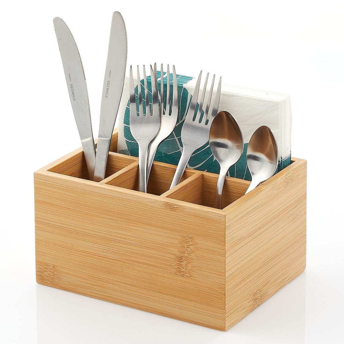mDesign Bamboo Cutlery, Utensil, and Napkin Storage Organizer Bin for Kitchen, Pantry, Table and Countertop - Utensil Caddy Holds Forks, Knives, Spoons, Napkins - 4 Sections - Natural