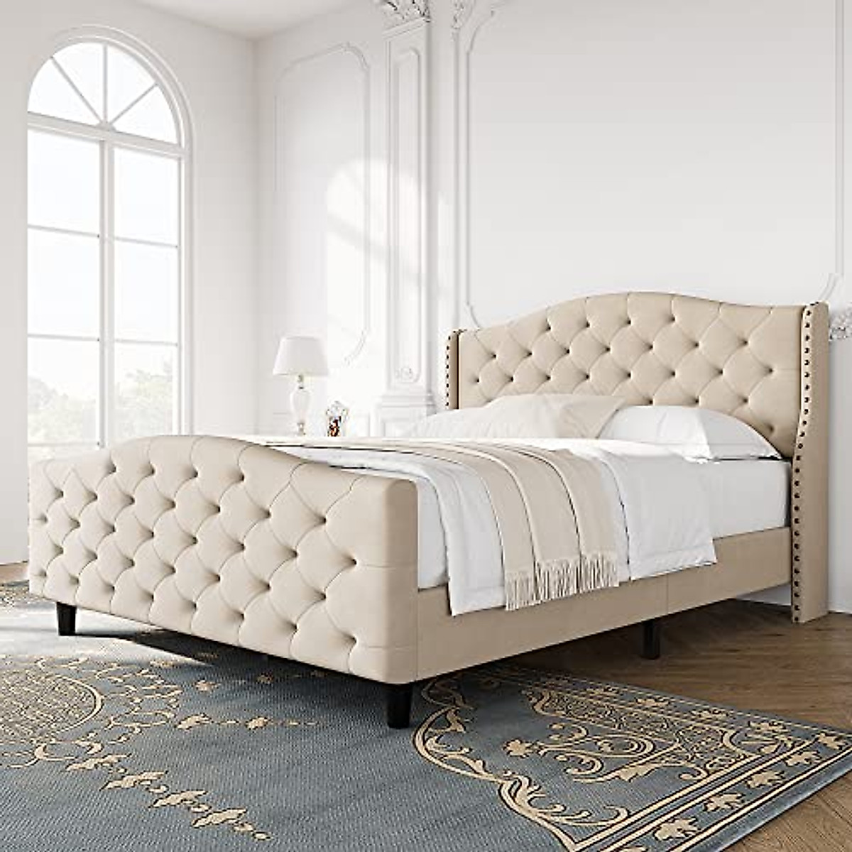 IDEALHOUSE Modern Upholstered Queen Bed Frame,Button Tufted Headboard and Footboard Design Solid Wooden Slat Support Easy Assembly,Beige (Queen)