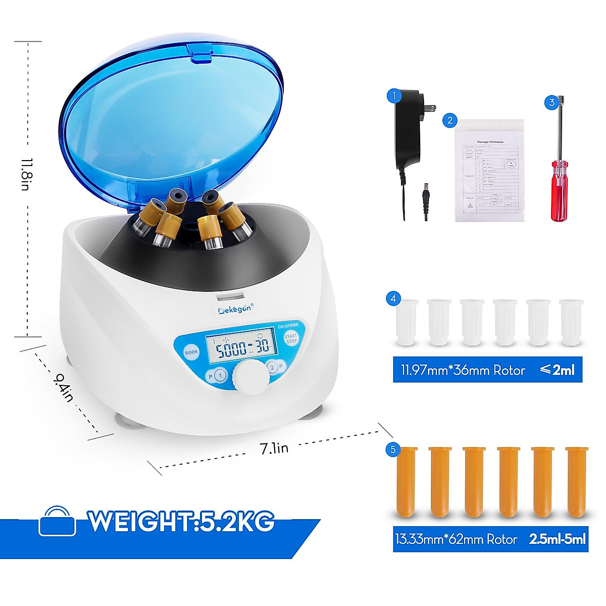 Cekegon PRP Centrifuge Machine 6x15mL/10mL/7mL/1.5-5ml, Benchtop Lab Centrifuges with 300-5000rpm Max. 2600xg RCF for Laboratory College