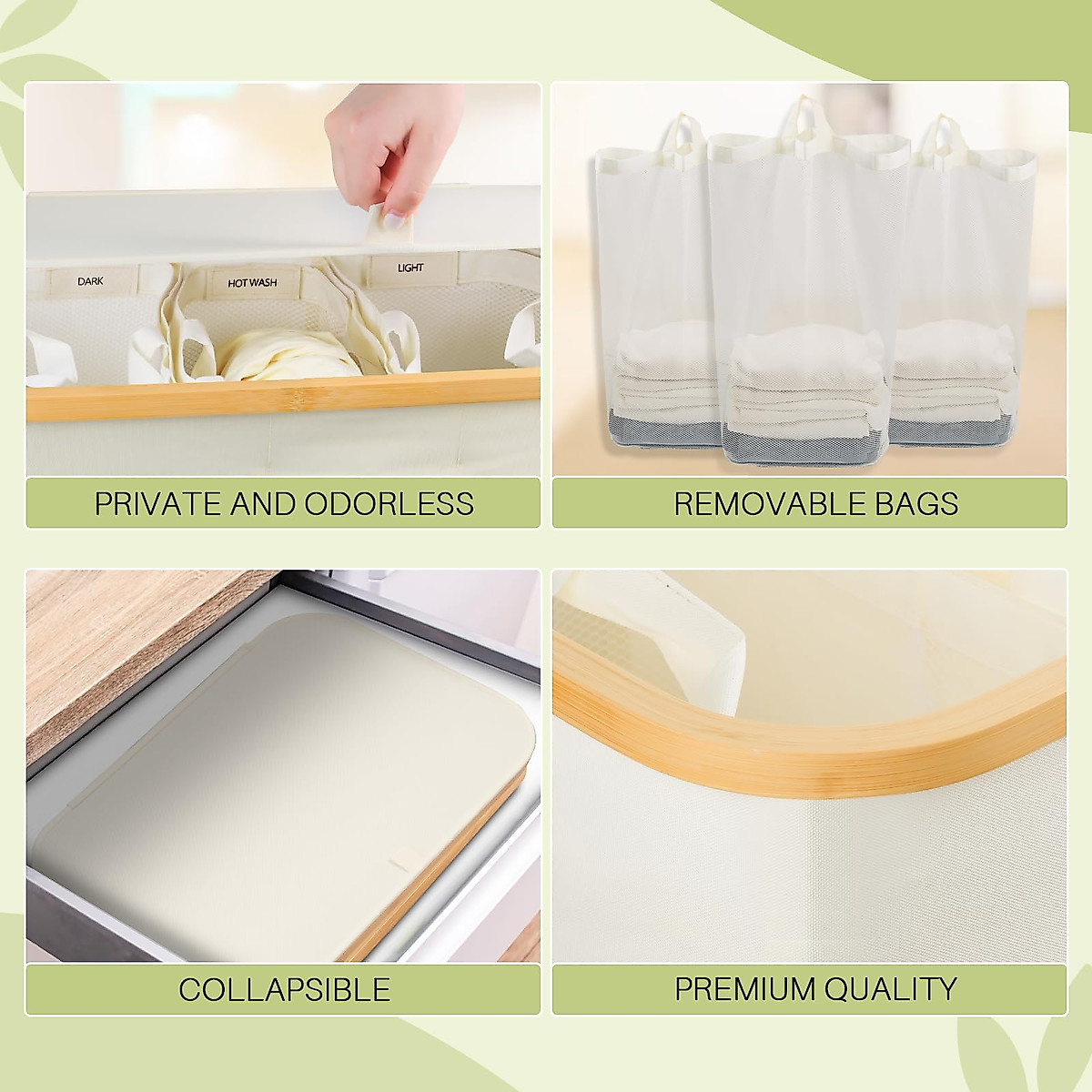 Laundry Hamper 3 Section, 145L Dirty Clothes Hamper with Lid, Extra Large Laundry Basket Organizer with Removable Inner Bags & Labels for Laundry Room, Bedroom, Beige