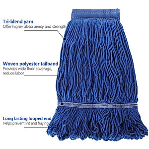 4Pcs Commercial String Mop Head, Loop-End Mop Head Replacement, Heavy Duty Mop Head Refills, 6 Inch Headband, Cotton Looped End Wet Cleaning Mop Refill for Home, Industrial and Commercial Use (Blue)