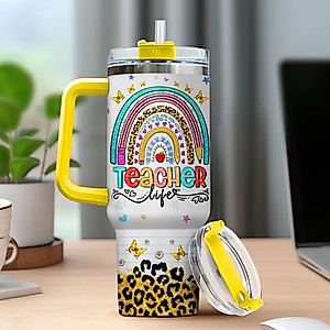 99WHALE Pack Butterfly Teachers Black Handle Funny For Women Coffee Straws Cups Music Pencil Daisy, Teacher Gifts, Tumbler 40 Oz With Handle Lid And Straw, Teacher Rainbow Color Leopard