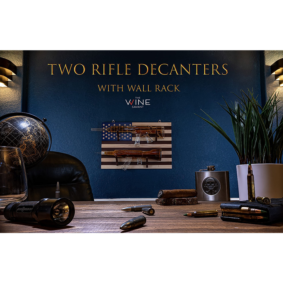 2 Gun Whiskey Decanters Set AR15 and AK47 Gun Decanter 1000ml American Flag Wall Rack by The Wine Savant - Veteran Gifts, Gun Lover Gifts, Tik Tok Gun Decanter, Military Gifts