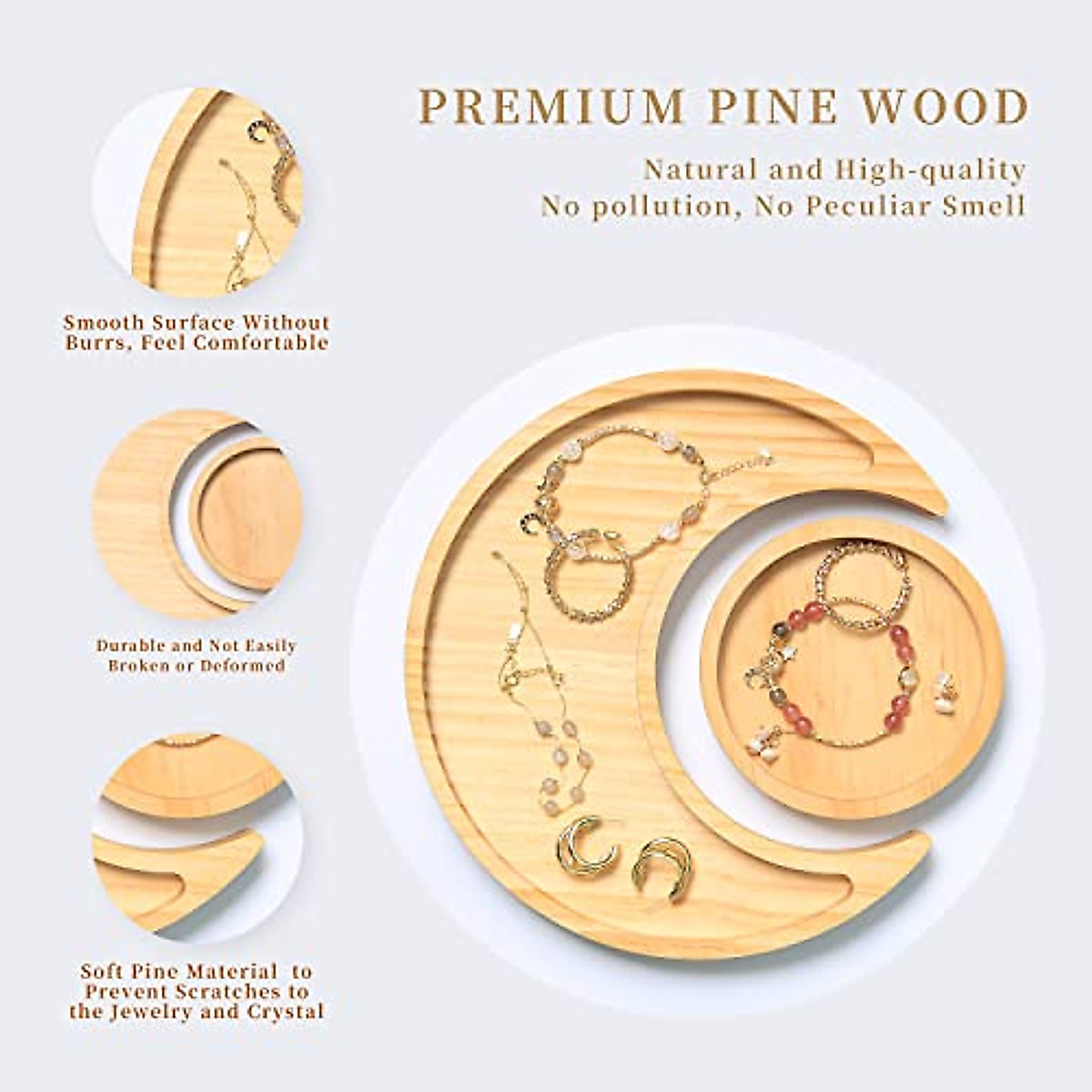 Spacmirrors Crystal Holder Moon Tray with Round Dish Display, Natural Pine Wooden Crystal Jewelry Essential Oil Tray Spiritual Boho Plate Wood Decor Tray for Stone, Nuts, Fruits