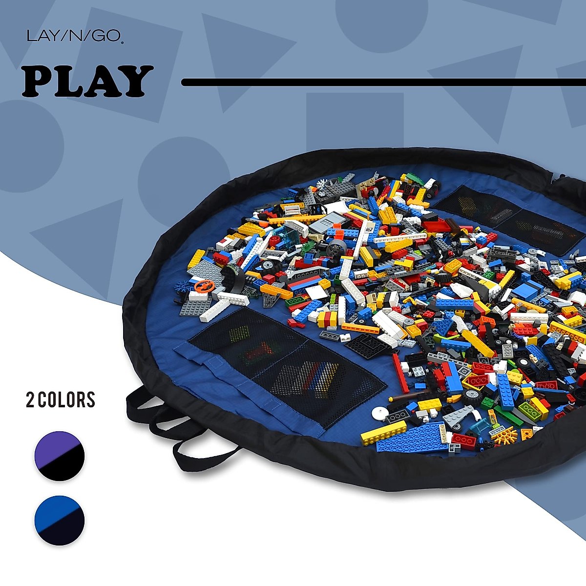 Lay-n-Go 4-in-1 Drawstring Toy Storage Organizer Mat - Durable Machine Washable Drawstring Bag for Lego & Other Toys - Easy-to-Clean Pull String Bag w/ 4 Mesh Pockets & Raised Lip (44”, Blue/Black)