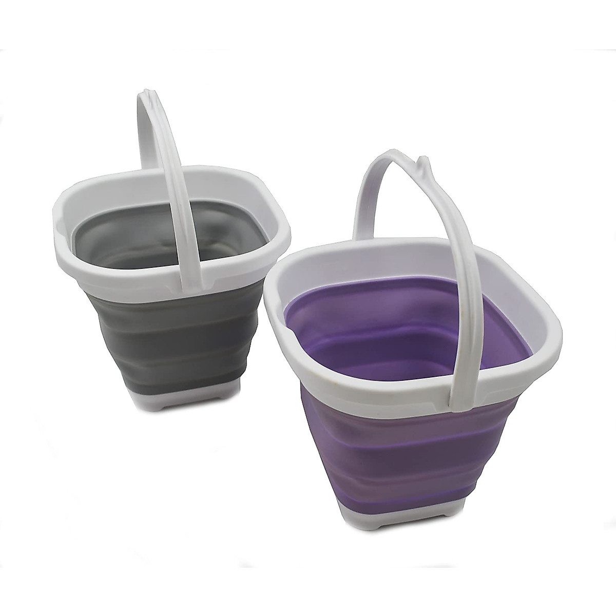 SAMMART 2.6L (0.68 Gallon) Super Mini Square Collapsible Plastic Bucket - Foldable Square Tub - Portable Fishing Water Pail - 2 Pieces Box Pack (Grey + Purple)
