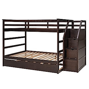 ODC Full Over Full Bunk Bed with Trundle,Solid Wood Stairway Bunk Bed with Twin Size Trundle and 3 Storage Stairs, Full Length Guardrail for Guests Room,Bedroom