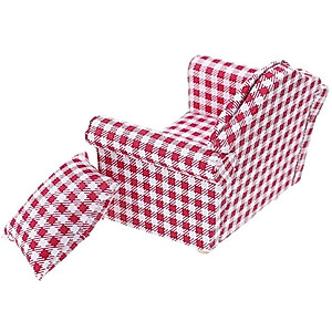 2 Sets 1:12 Scale DIY Dollhouse Sofa&Armchair with Pillow Mini Dolls House Furniture Couch&Chair Miniature Wooden Furniture Handmade Crafts Supplies Red Checkered Dollhouse Toy Dollhouse Accessories