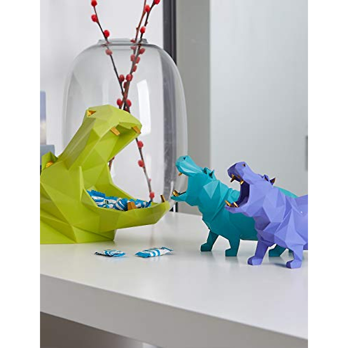 HAUCOZE Candy Dish Cookie Jar Hippo Gifts Sculpture Modern Decor Statue Table Centerpiece Crafts Polyresin Figurine Arts Blue 7.8inch