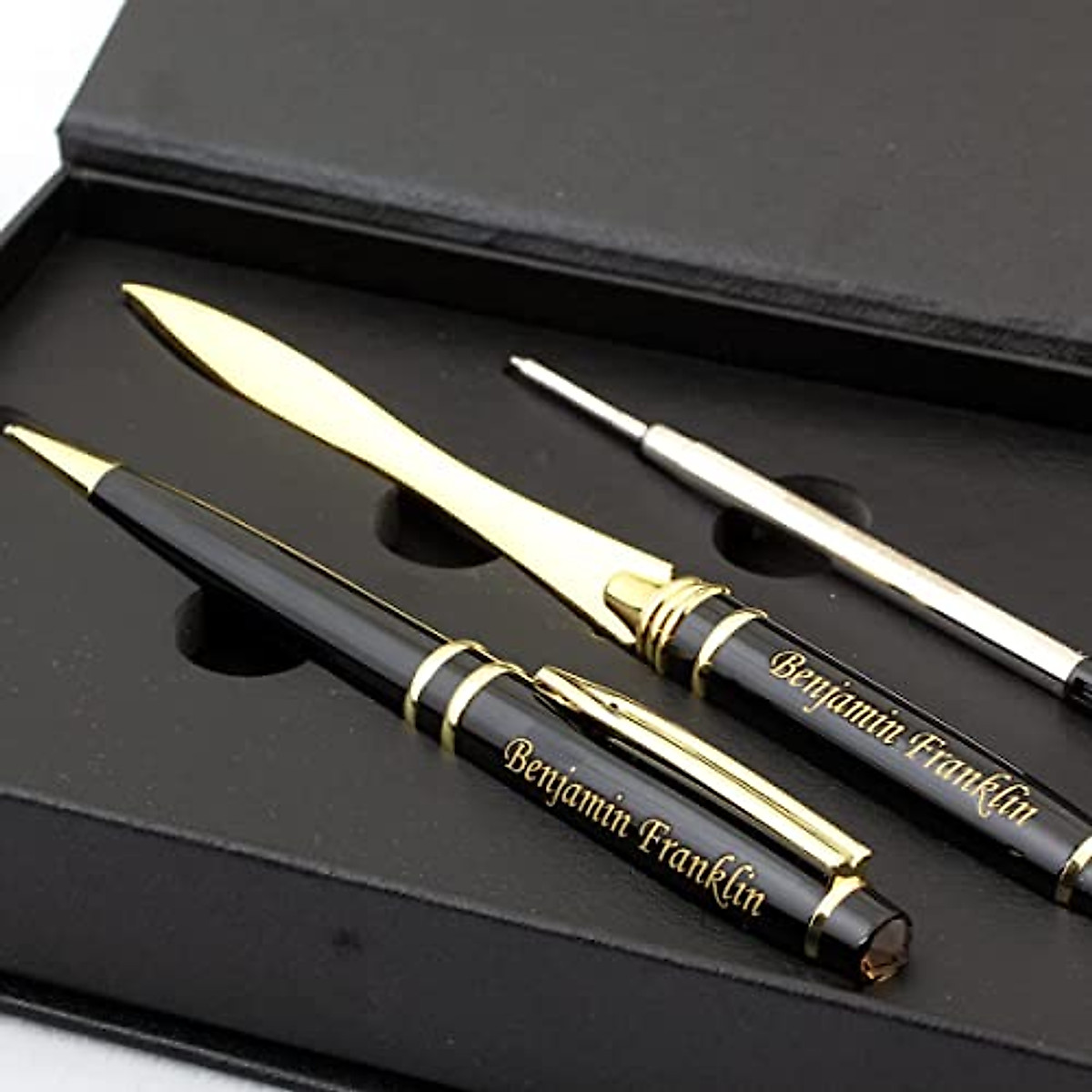 Free Engraving - Brass, Roller Ballpen, Refillable Pen, Ballpoint pen, Ball pen, Letter Opener Envelope Slitter Gold Letter Opener Gifts for Men, Women, Classy Gift Box, Free Customization (Black)