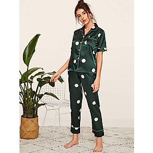 Floerns Women's Printed Two Piece Short Sleeve Sleepwear Long Pants Pajamas Sets Green Dot M