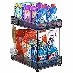 Bathroom ,Kitchen Sink Cabinet Organizer, 2 Tier Under Sink , Under Cabinet Organizers and Storage with 4 Hooks,Non-slip Feet, Metal
