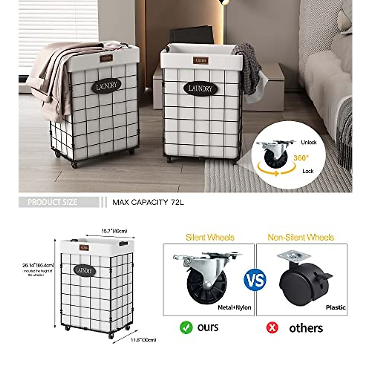 Wire laundry Basket with Wheels & Removable Liner Bag for Bedroom, Small 72L Laundry Hampers Black Rolling Baskets Dirty Clothes Hamper on Wheels Cesto de Ropa Sucia Canastos Para Ropa Sucia