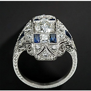 Aimys Vintage Rhodium Plated Cubic Zirconia CZ Statement Art Deco Milgrain Cocktail Fashion Right Hand Ring Women Sapphire Gems Wedding Engagement Jewelry Size 9