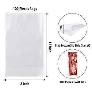 Morepack Flat Bottom Cellophane Bags,100Pcs 8x3x12 Inches Clear Flat Bottom Cellophane Treat Gift Bags with Twist Ties, Cello Bags for Cookie, Candy (No Side Gusset)