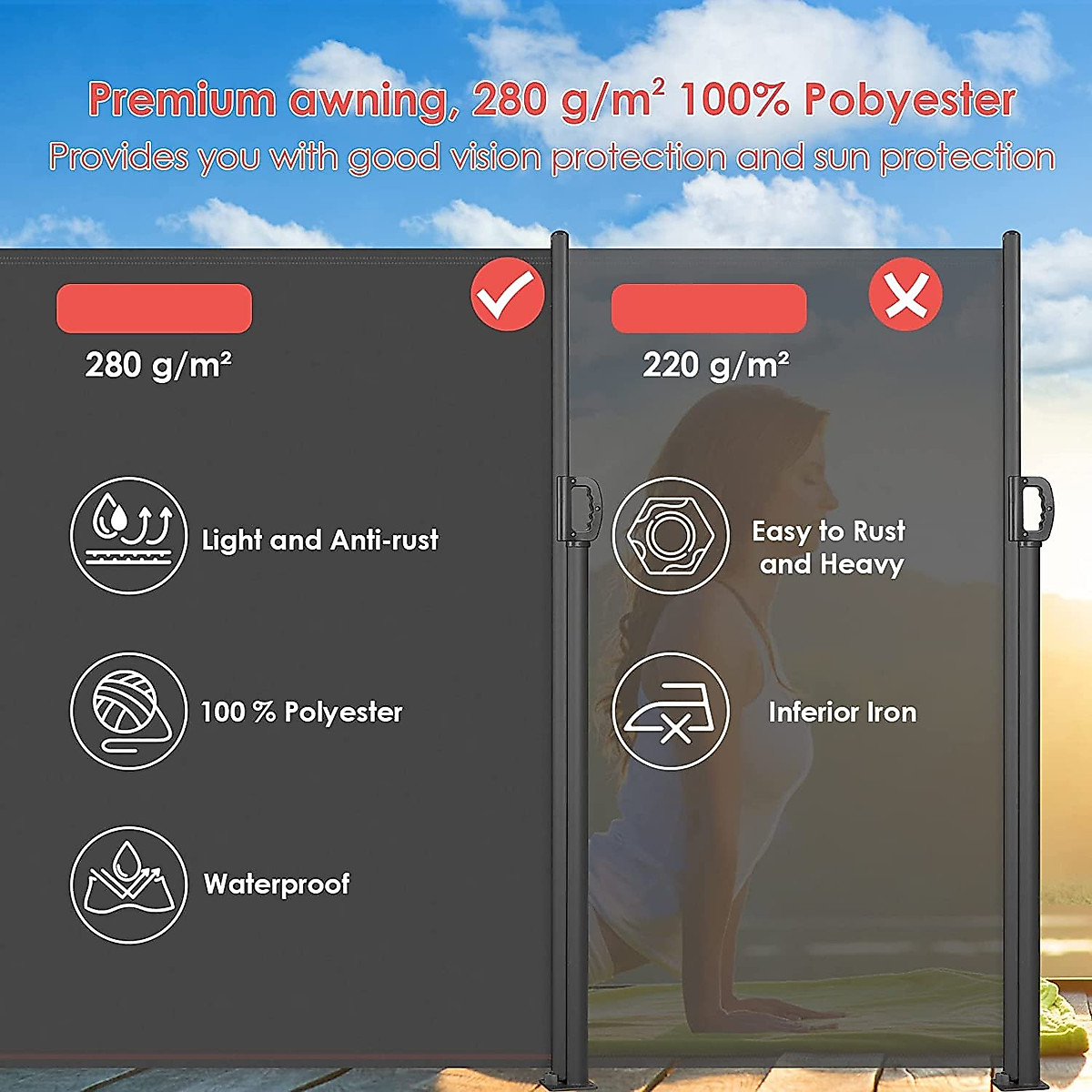 Retractable Side Screen Awning, UV Resistant, Waterproof, Patio Privacy Screen for Garden, Balcony, Courtyard(Dark Grey), 118.1" x 70.9"