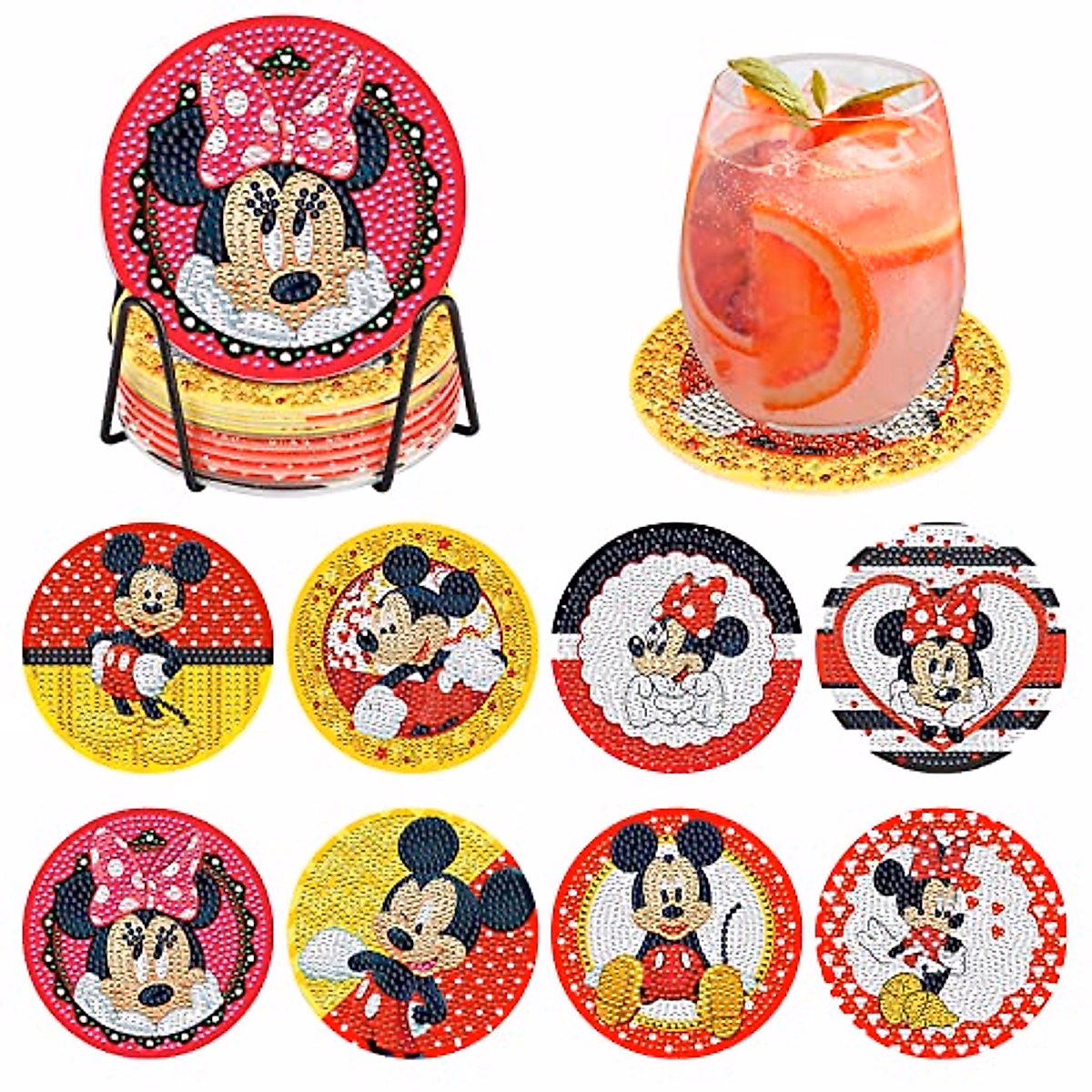 CEOVR 8 Pcs DIY Diamond Painting Coasters for Drinks with Holder, Cute Cartoon Mouse Diamond Art Coasters Set Housewarming Gift for Friends Men Women Birthday Home Living Room Kitchen Bar Decorations