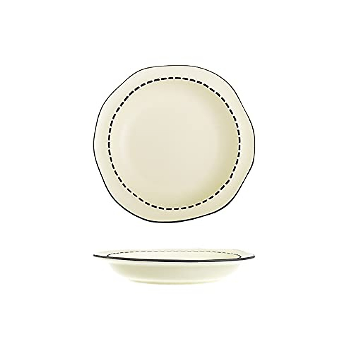 8 Inches Black Dotted Lines Design Irregular Ceramic Dinner Plates-Set of 2-White Kitchenware