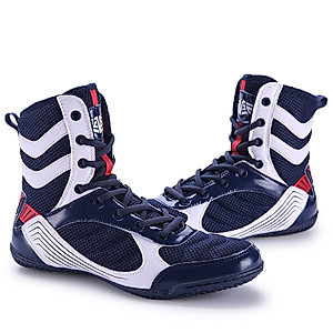 HUIGOU High Traction Men's Youth Women Sports Shoes Boxing Wrestling Combat Speed Squat Mens Weightlifting Fighting Non-Slip Training Competition Sanda Gym Boots, White Blue, 11