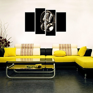 VVOVV Wall Decor Microphone Music Picture Canvas Print Headphone Canvas Wall Art Black and White Musical Painting Contemporary Music Room Decorations Framed Canvas Artwork Large 4 Panels