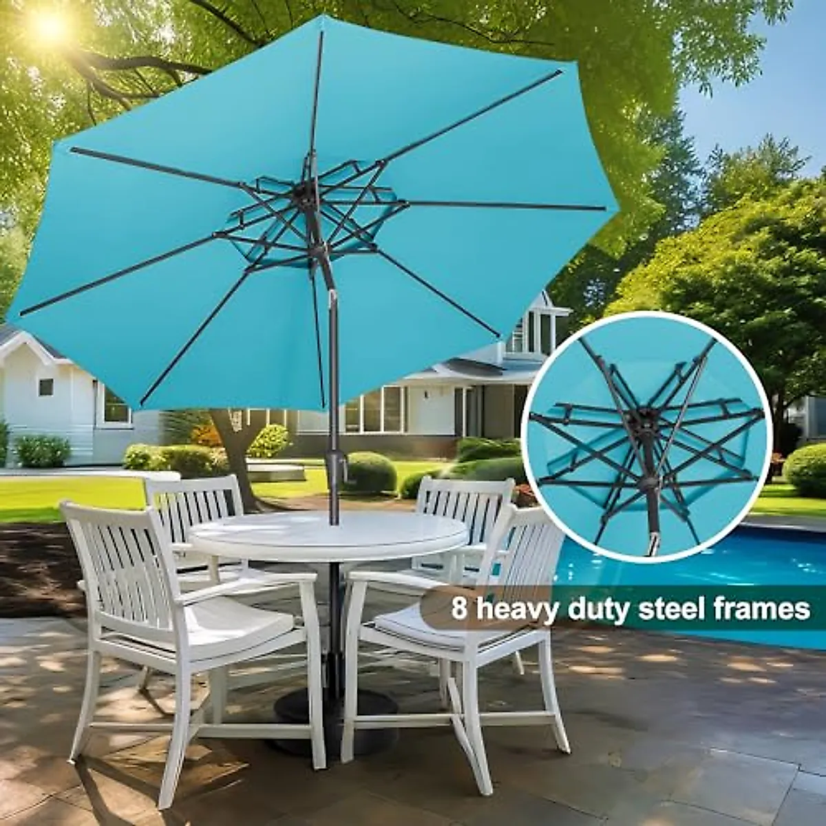 FLAME&SHADE 9 ft Double Top Outdoor Market Patio Table Umbrella with Tilt, Aqua Blue