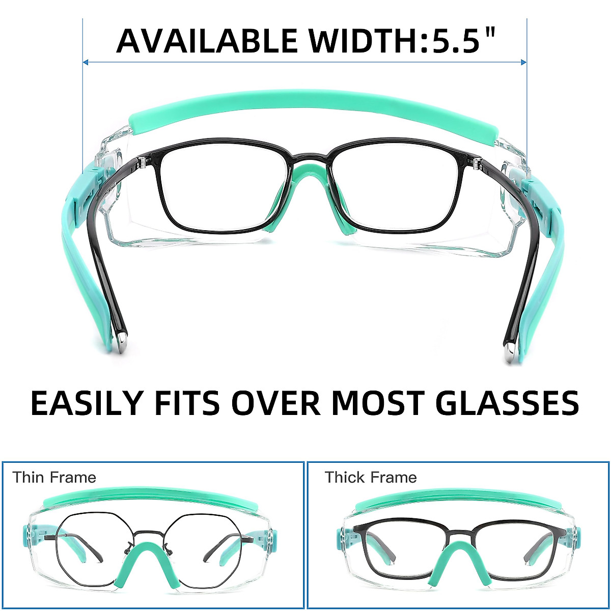 WEYMENG Safety Glasses Over Eyeglasses Anti Fog Safety Goggles Protective Glasses With Adjustable Frame For Men Women (Aquamarine)