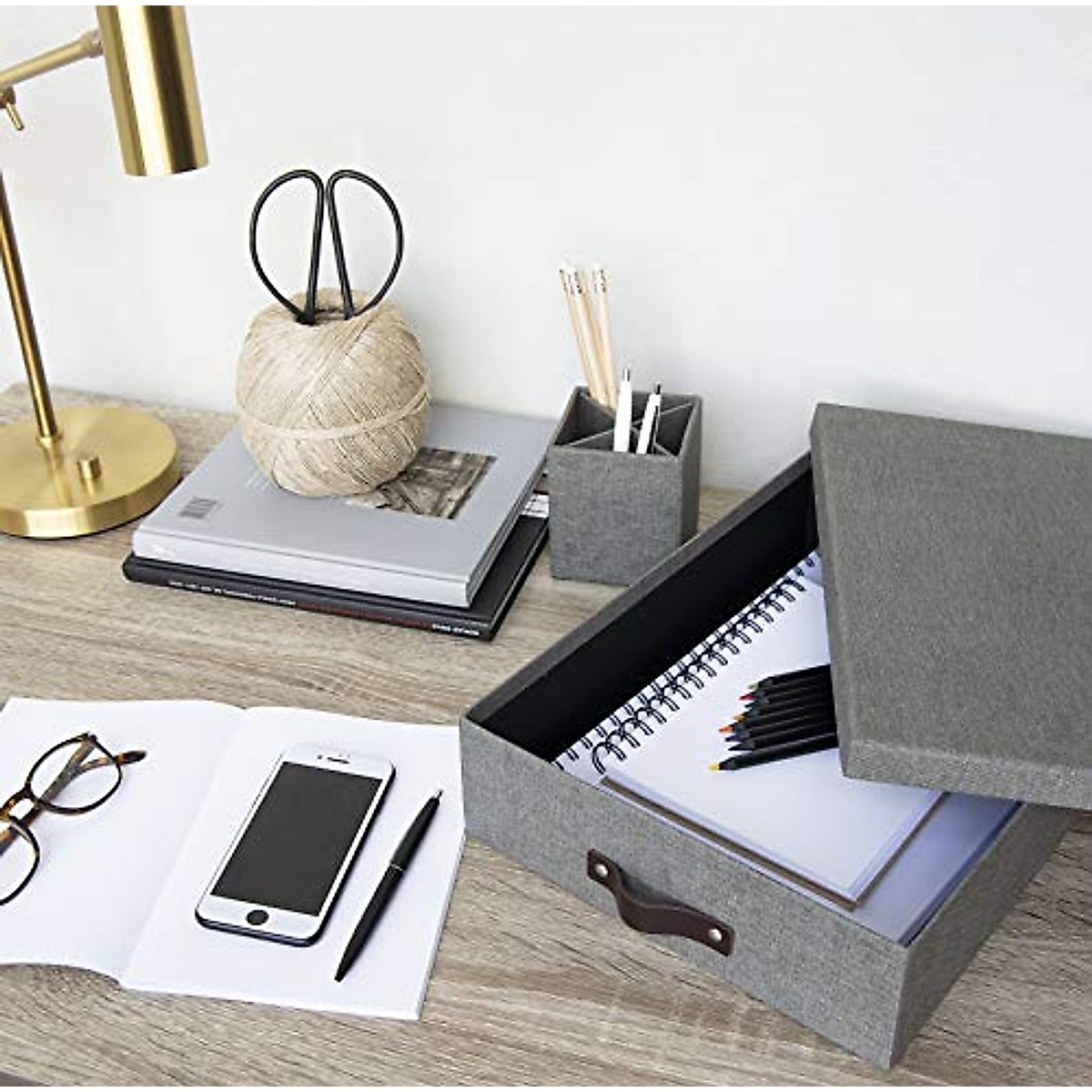 Bigso Oskar Canvas Fiberboard Document Letter Box | File Organizer Document Box for Important Paperwork | Document Storage Box with a Lid & Leather Handle | 3.3″x10.2″x13.8″ | Gray