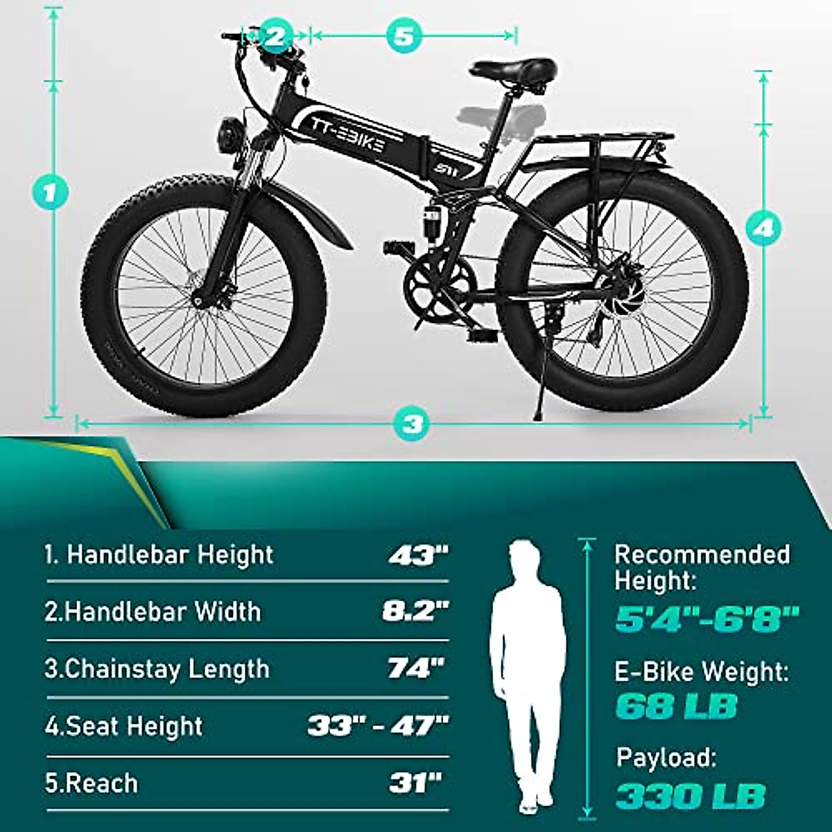 TT-EBIKE Folding Electric Bikes Adults 48V 1000W with 15Ah Removable Battery, Full Suspension 26 x 4 Fat Tire E Bikes with Shimano 7-Speed Gear for Snow Beach Mountain (1000W)