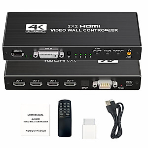 1x4 2x2 HDMI Video Wall Controller, 4K 60Hz with HDMI+DVI+RS232 Input, 180 Degree Rotate Video Processor for 4 TV Splicing